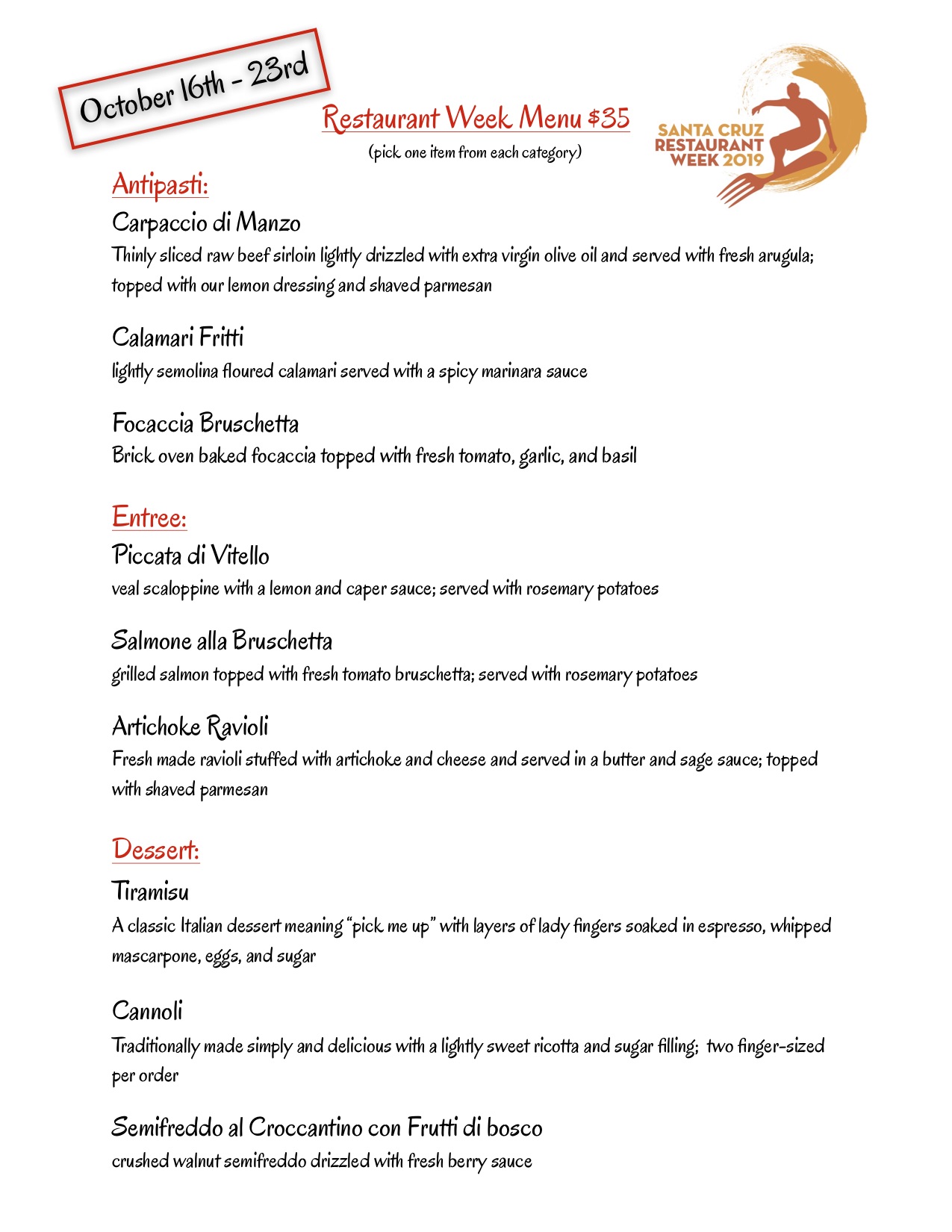 Restaurant Week 2019 Menu - Lago di Como